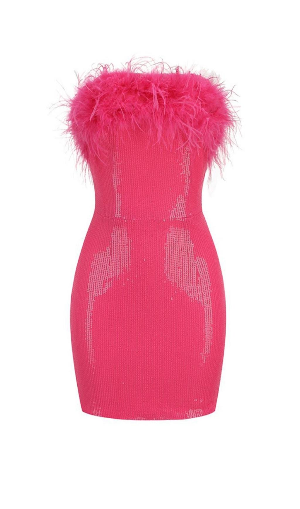 Styleofcb Women Sequin Feather Strapless Mini Dress In Pink Mini Dresses Strapless Dresses